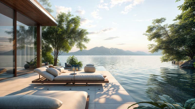 Summer Vacation at Poolside. Veranda Decorated with Deck Chairs with an ...