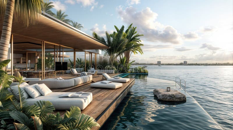 Summer Vacation at Poolside. Veranda Decorated with Deck Chairs with an ...