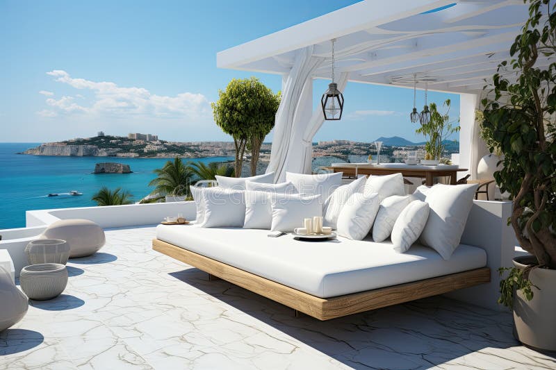 Summer Vacation at Poolside. Veranda Decorated with Deck Chairs and ...