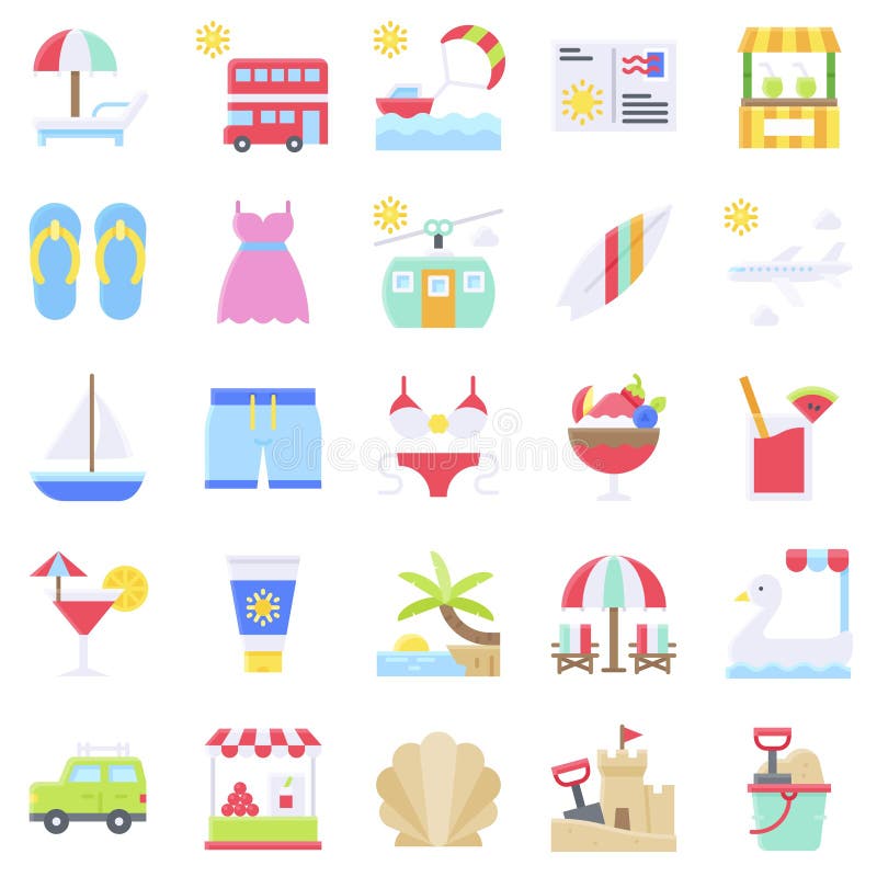 Summer Vacation Related Icon Set 1, Flat Style Stock Vector ...