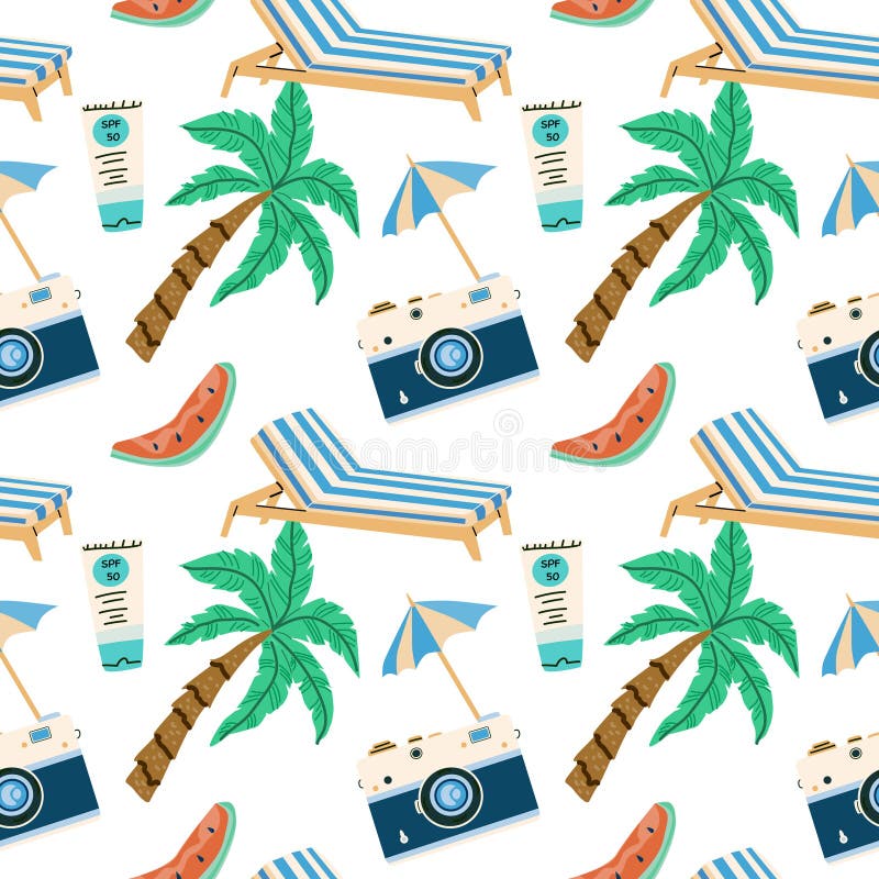 Summer Vacation Seamless Pattern with Beach Elements and Accessories ...