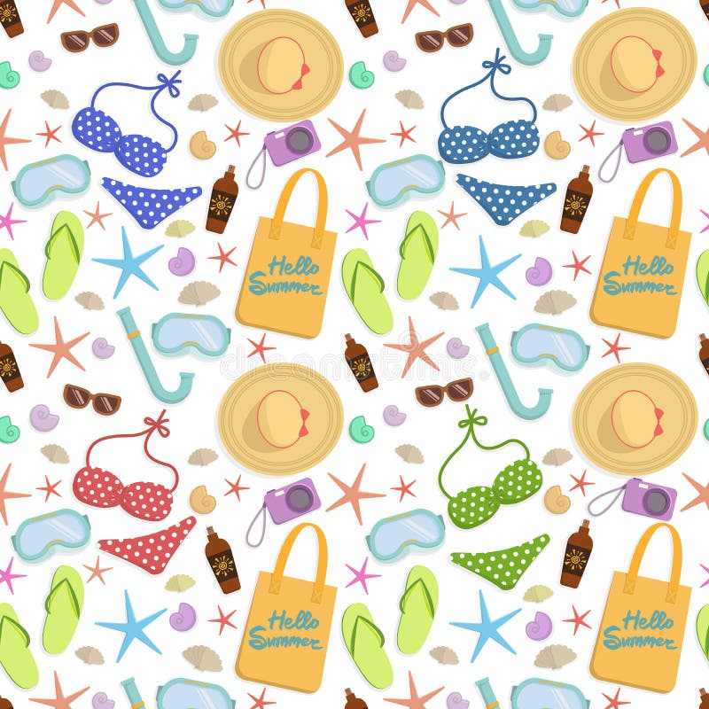Summer Vacation Seamless Pattern on White Stock Vector - Illustration ...