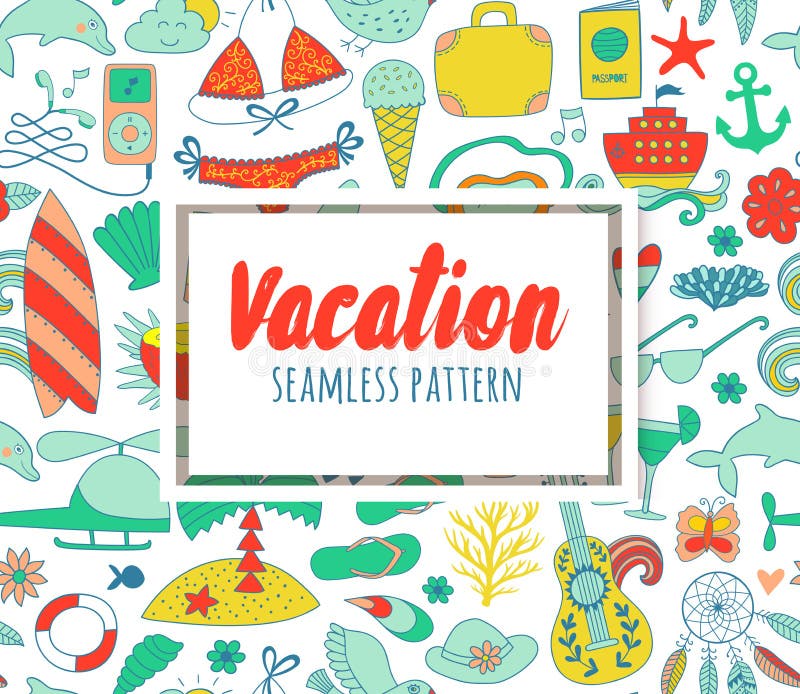 Summer Vacation Set Doodle Elements, Seamless Pattern Stock Vector ...