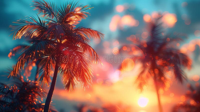 Summer Vacation - Silhouette Tropical Palm Trees at Sunset with Bokeh Lights Stock Image - Image ...