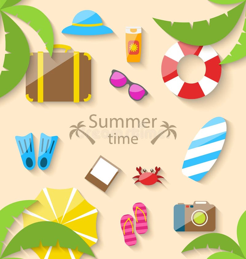 Summer Vacation Time with Flat Set Colorful Simple Icons Stock Vector ...