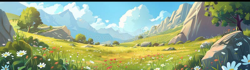 A Summer Valley with Flowers and Trees. Panoramic Drawing Stock Photo ...