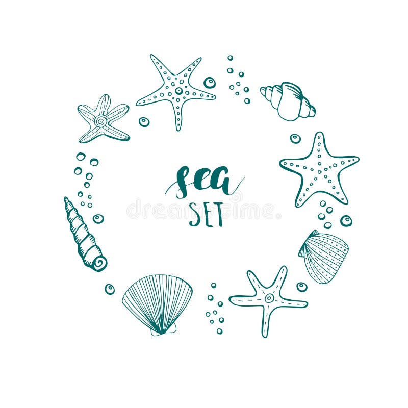 Summer Vector Circle Frame. Vector Background with Seashells, Sea Stars ...