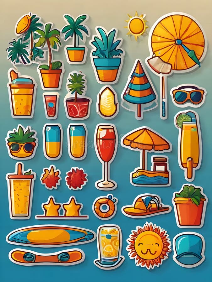 Summer Vector Icon Set for Sticker. Bright Summertime Poster ...