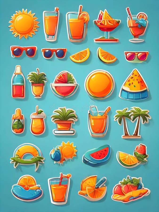 Summer Vector Icon Set for Sticker. Bright Summertime Poster ...