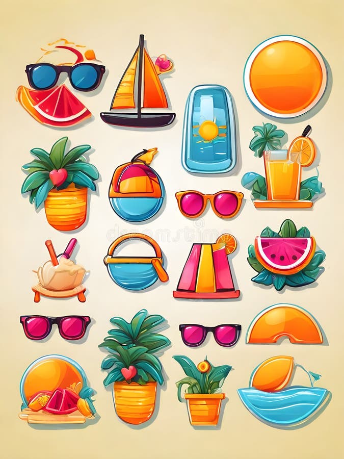 Summer Vector Icon Set for Sticker. Bright Summertime Poster. Collection Elements for Summer ...