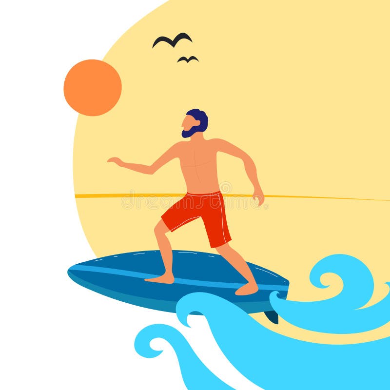 Summer Vector Illustration with Cartoon Surfing Boy on the Surf Board ...