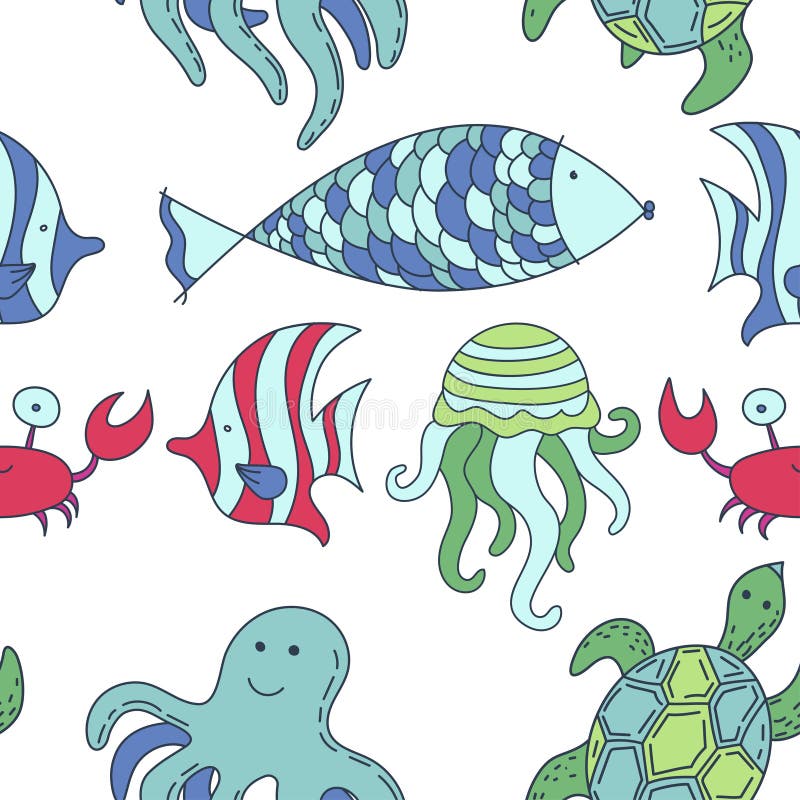 Summer Vector Leamless Pattern with Sea Creatures Stock Vector ...