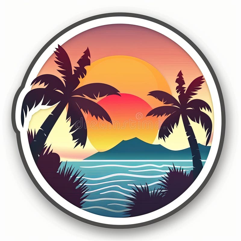 Summer Vector Sticker with Palm Trees on the Beach Stock Illustration ...