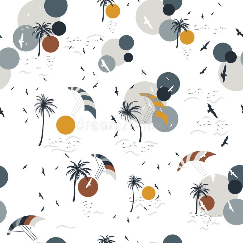 Summer Vector Vacation Pattern with Palms, Birds, Sun and Waves Stock ...