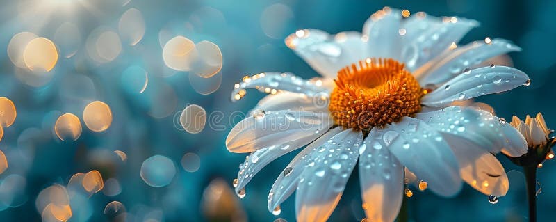 Summer Vibes Bright Daisy with Sunlight Shining on Droplets on Blue ...
