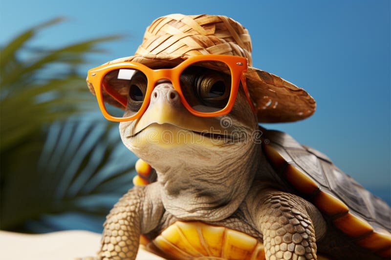 Summer Vibes Radiate As a Turtle Dons Sunglasses and a Straw Hat Stock ...