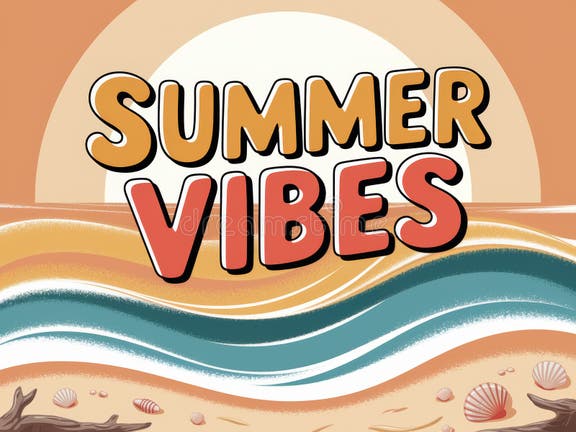 Summer Vibes: Retro Beach Art with Waves, Shells, and a Vibrant Sunset ...