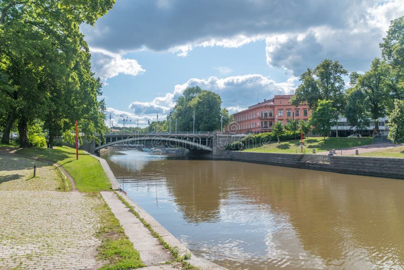 Summer View on Aura River with Bridge in City Center of Turku Stock ...