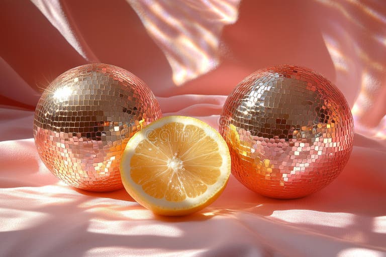 A Summer Visual Concept Featuring a Flat Lay of Realistic Lemon Slices and Disco Balls in a ...