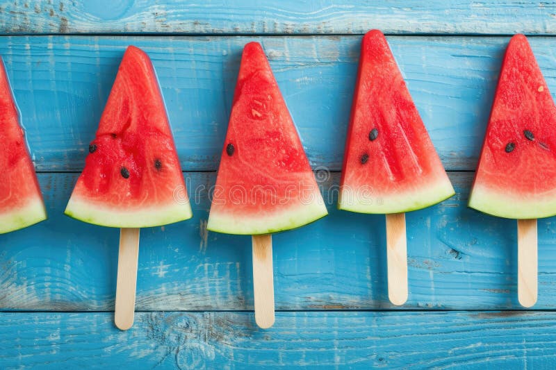 Summer Watermelon Slice Popsicles on Blue Wooden Table. Stock ...