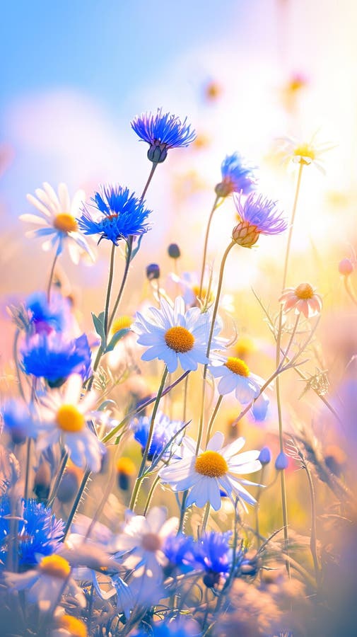 Summer Wild Field with Wildflowers Daisies and Cornflowers in the Rays ...