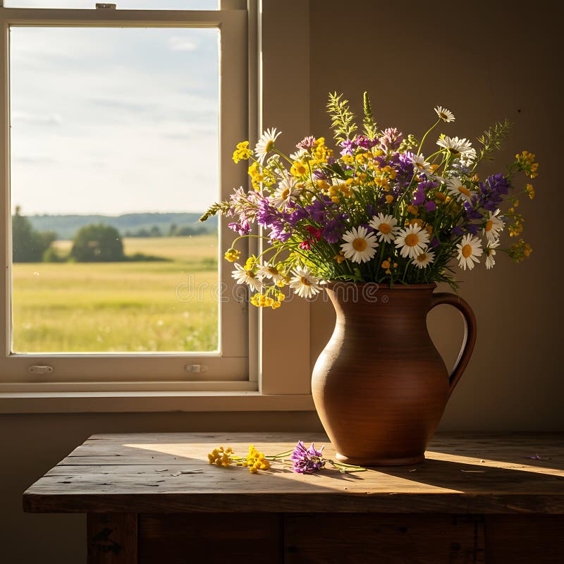 Summer Wildflowers Rustic Jug Sunlit Window Still Life Stock Photos ...