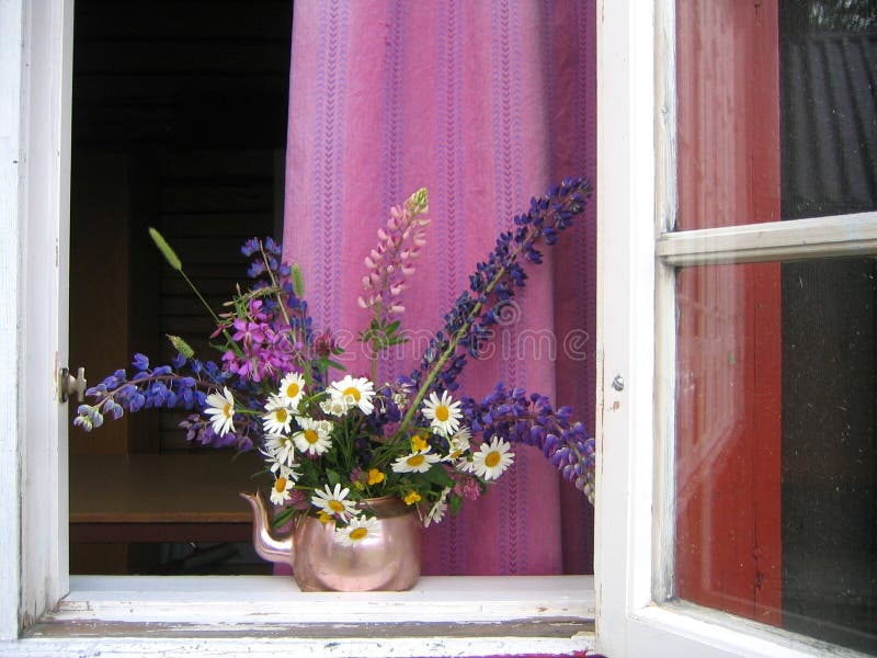 Summer window stock photo. Image of sill, lupine, window - 946346