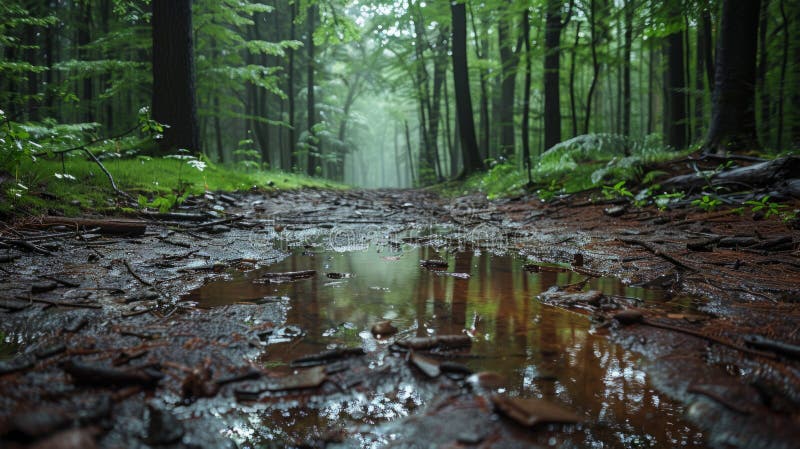Summer Woods after Rainfall with Reflections on a Path Stock Image ...