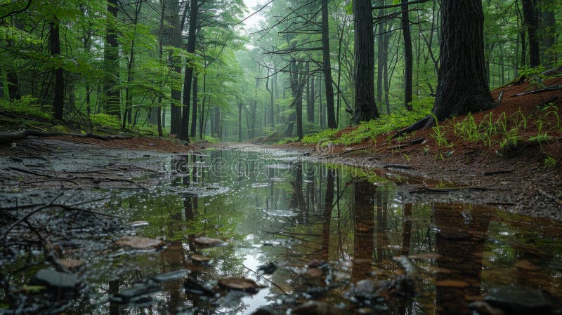 Summer Woods after Rainfall with Reflections in a Pool of Water Stock ...