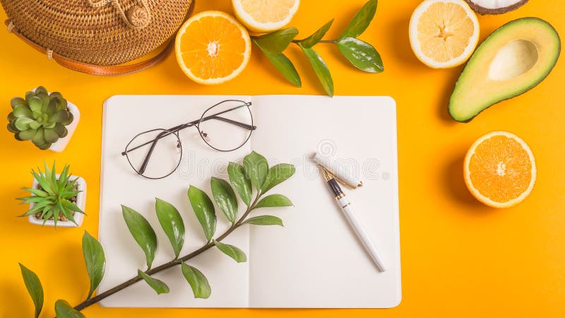 Summer Workplace Layout with Notepad and Fruit Stock Image - Image of ...