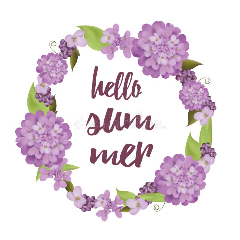 Summer Wreath with Purple Flowers and Foliage on White Background Stock ...