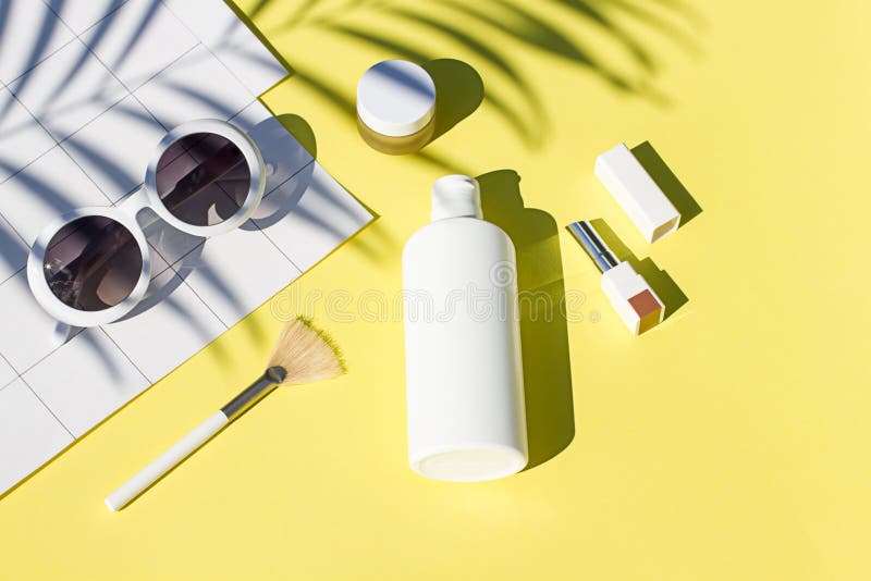 Summer Yellow Cosmetics Flat Lay With Sunglasses. Top View Beauty Stock ...