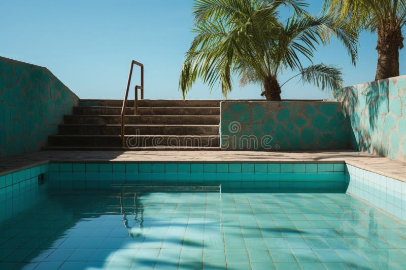 Summers Arrival Empty Pool with Rustic Stairs and Tiled Floor Stock ...