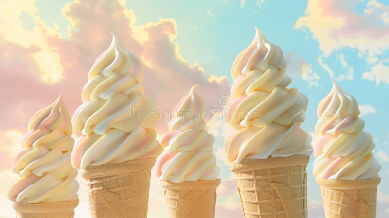Summertime Delight Assorted Soft Serve Ice Cream Cones Against Sky