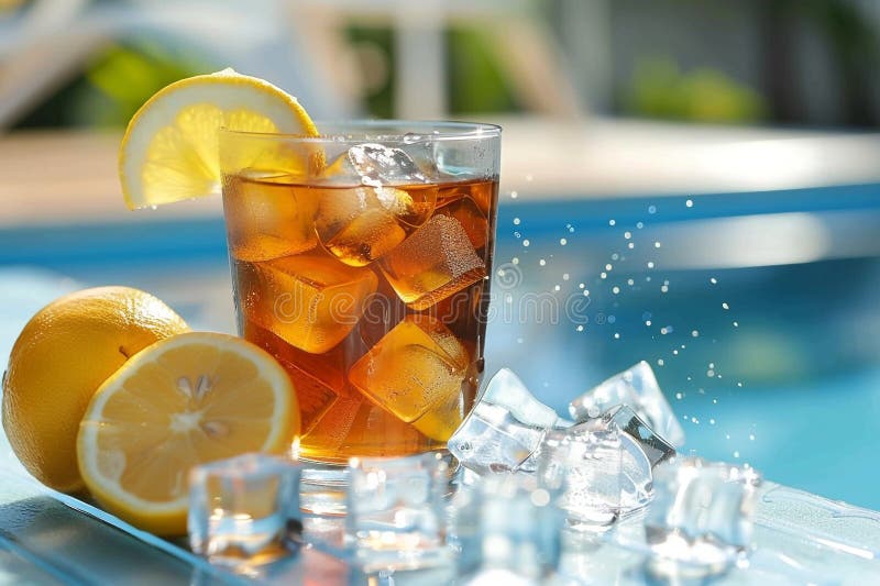 : Summertime Iced Tea on a Wooden Table by the Pool, Clear Water, and ...