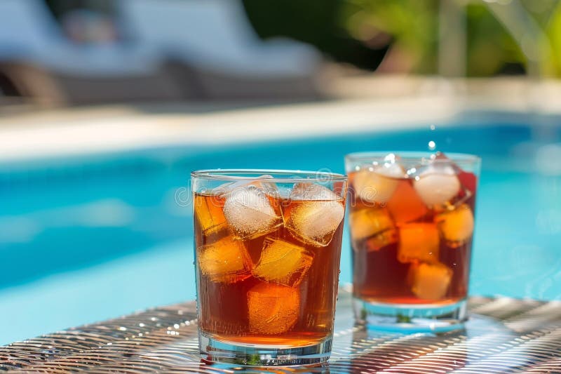 : Summertime Iced Tea on a Wooden Table by the Pool, Clear Water, and ...