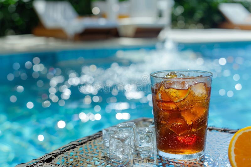 : Summertime Iced Tea on a Wooden Table by the Pool, Clear Water, and ...