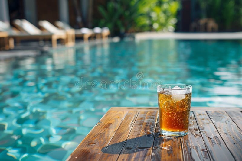 : Summertime Iced Tea on a Wooden Table by the Pool, Clear Water, and ...