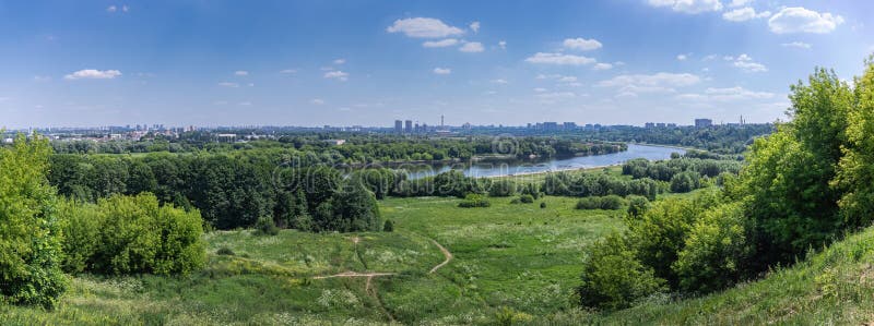Summertime Landscape Panorama -river Valley with Hills Stock Photo ...