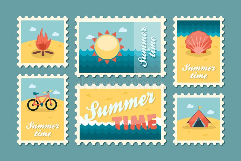 Summertime stamp set flat stock vector. Illustration of vacation - 60373359