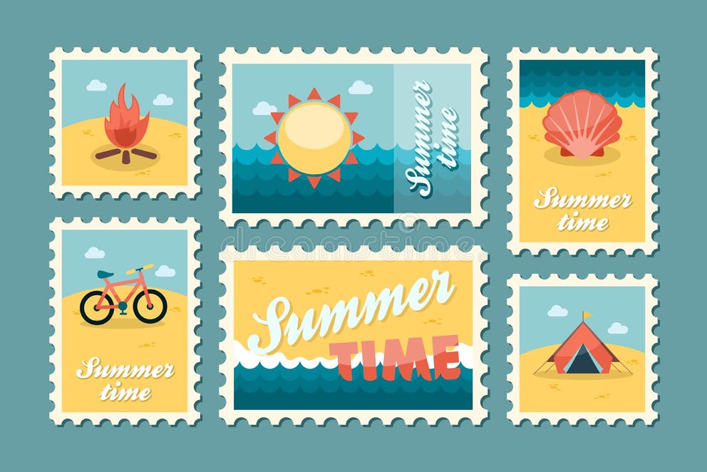 Summertime stamp set flat stock vector. Illustration of vacation - 60373359