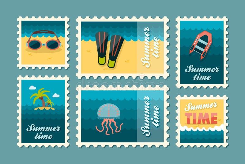 Summertime stamp set flat stock vector. Illustration of summertime ...