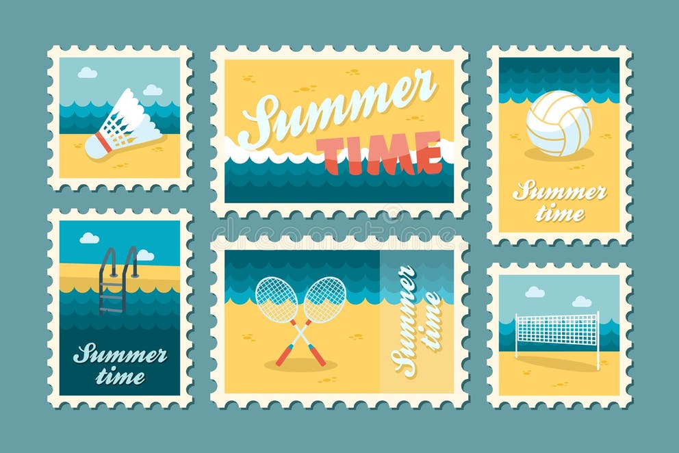 Summertime stamp set flat stock vector. Illustration of sport - 60374399
