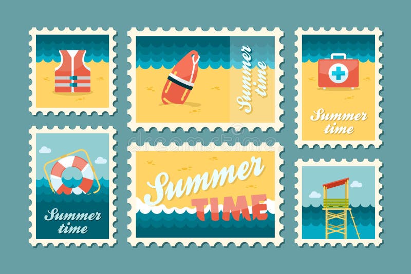 Summertime stamp set flat stock vector. Illustration of wave - 56948159