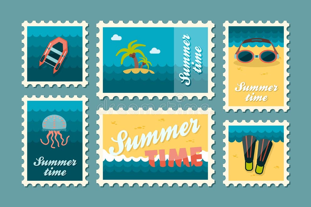 Summertime stamp set flat stock vector. Illustration of island - 56948531