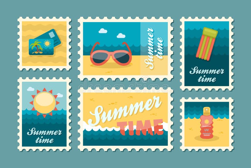 Summertime stamp set flat stock vector. Illustration of sand - 56948546