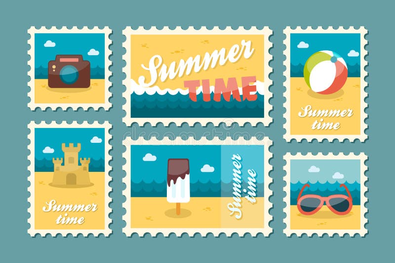 Summertime stamp set flat stock vector. Illustration of wave - 60372126