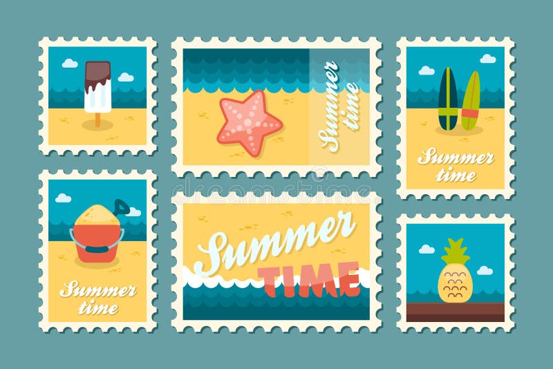 Summertime stamp set flat stock vector. Illustration of summertime ...