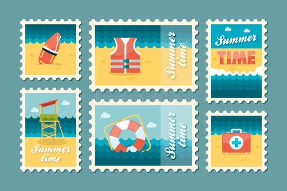 Summertime stamp set flat stock vector. Illustration of postmark - 60372556