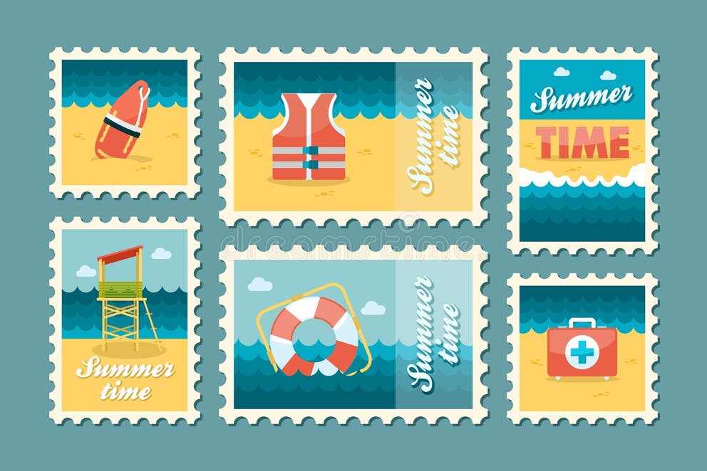 Summertime stamp set flat stock vector. Illustration of postmark - 60372556